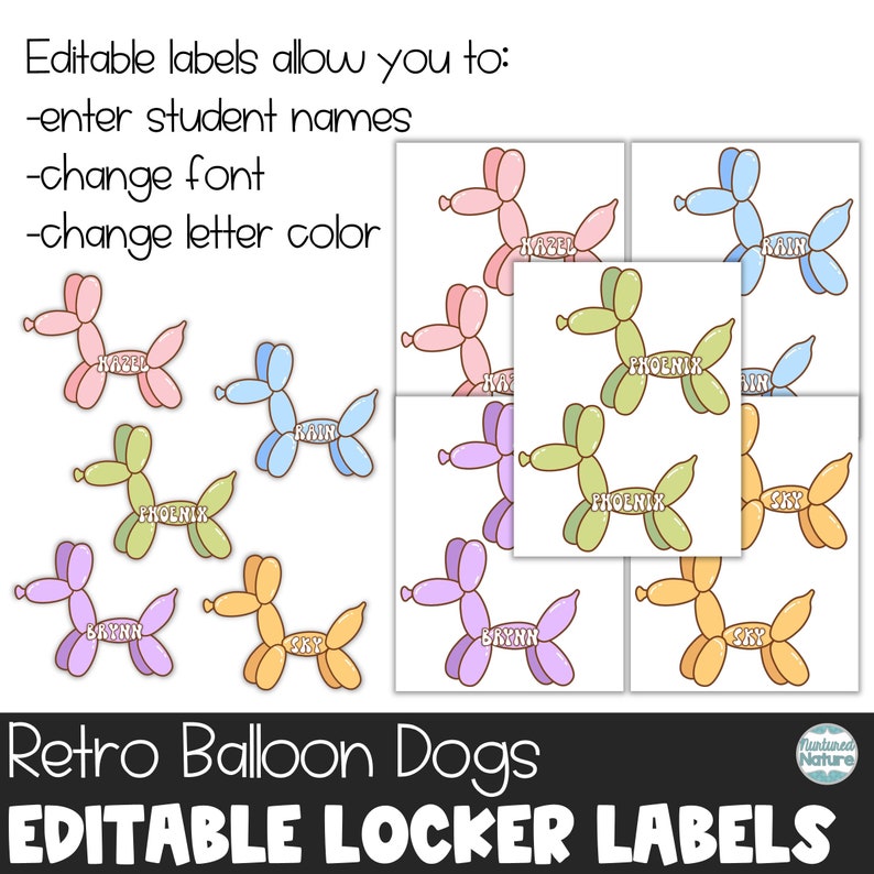 Editable Name Tags for School, Retro Balloon Dog, Cubby Tags, Editable ...
