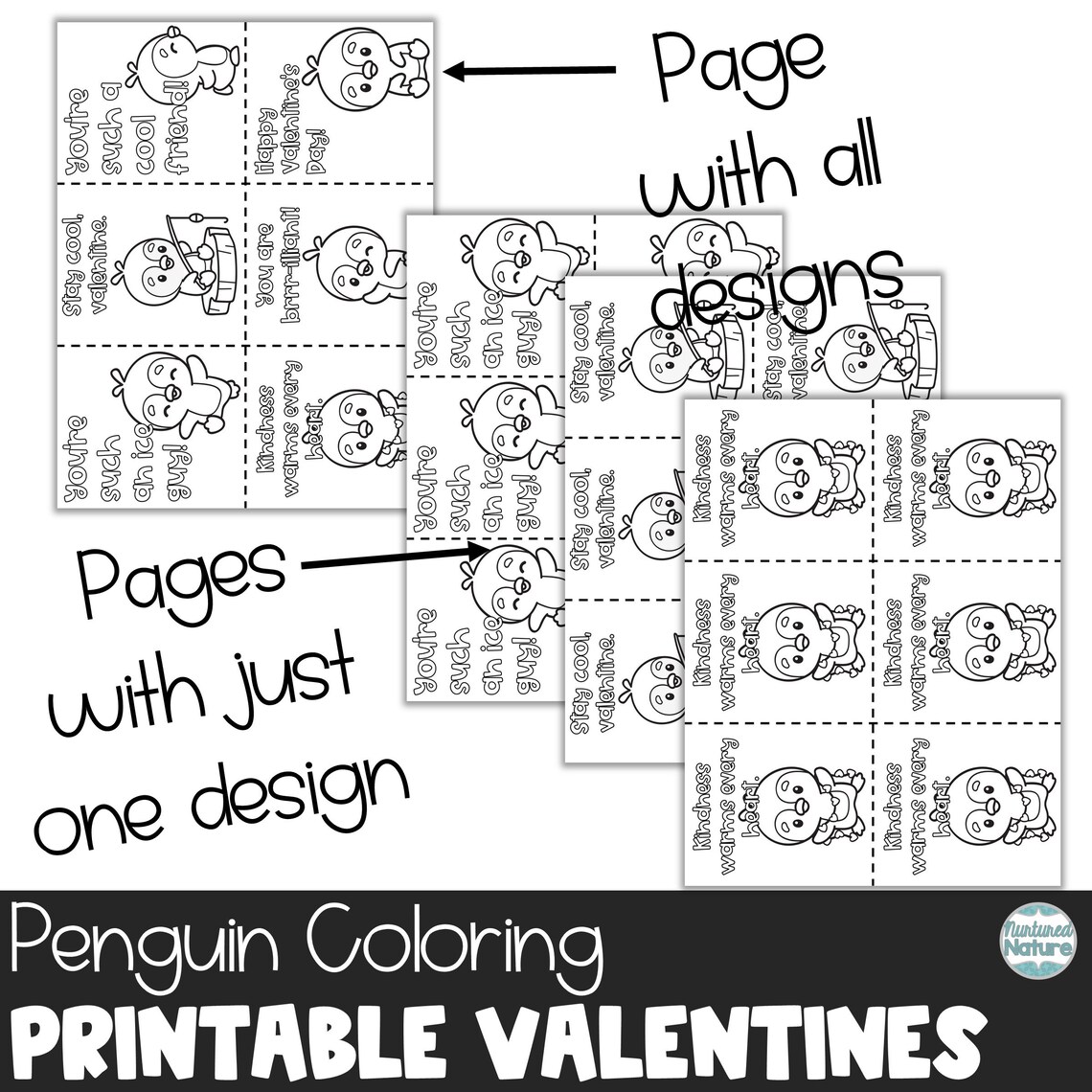 Penguin Coloring Page Valentine Cards for Kids Classroom - Etsy