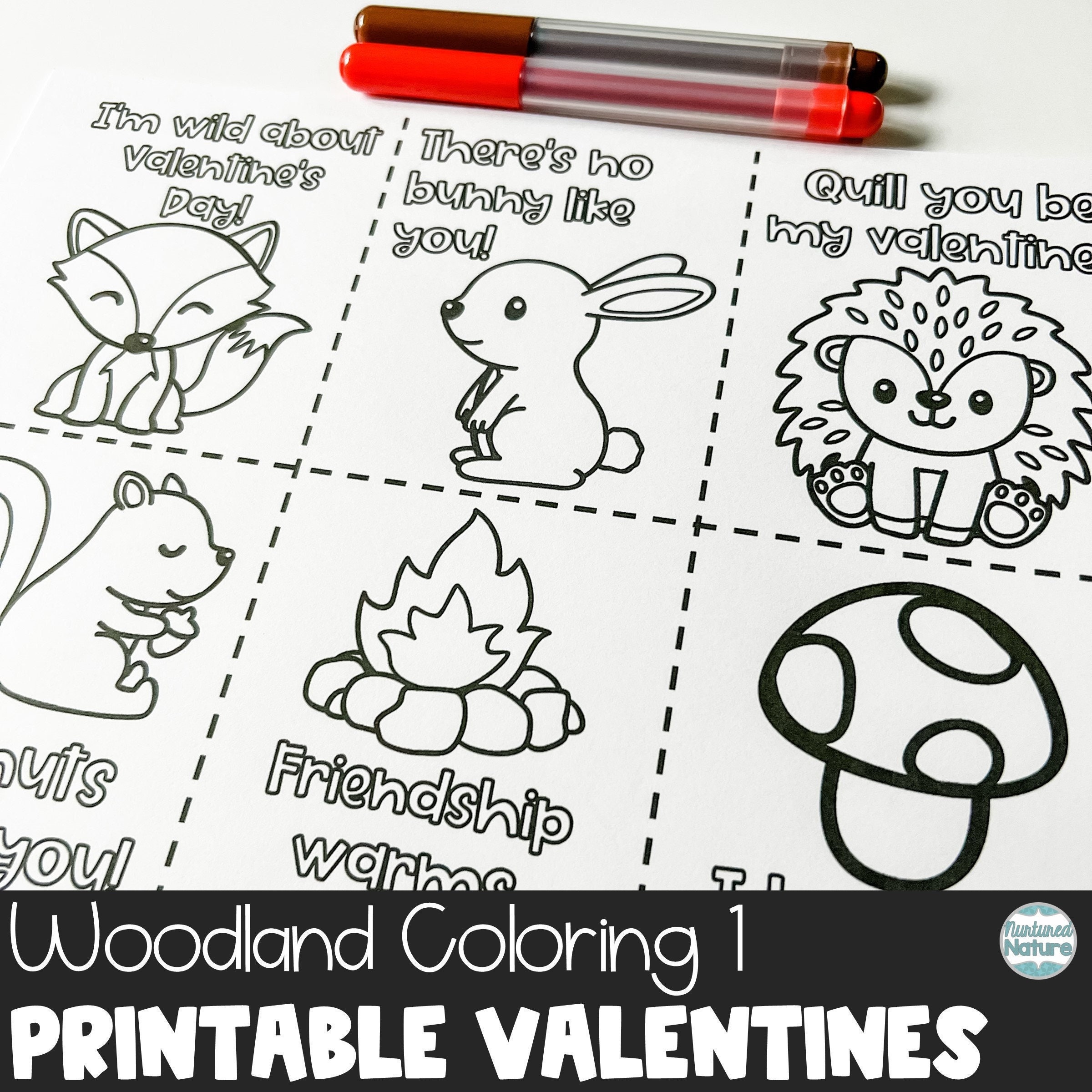 Woodland Animals Coloring Page Valentine Cards for Kids - Etsy