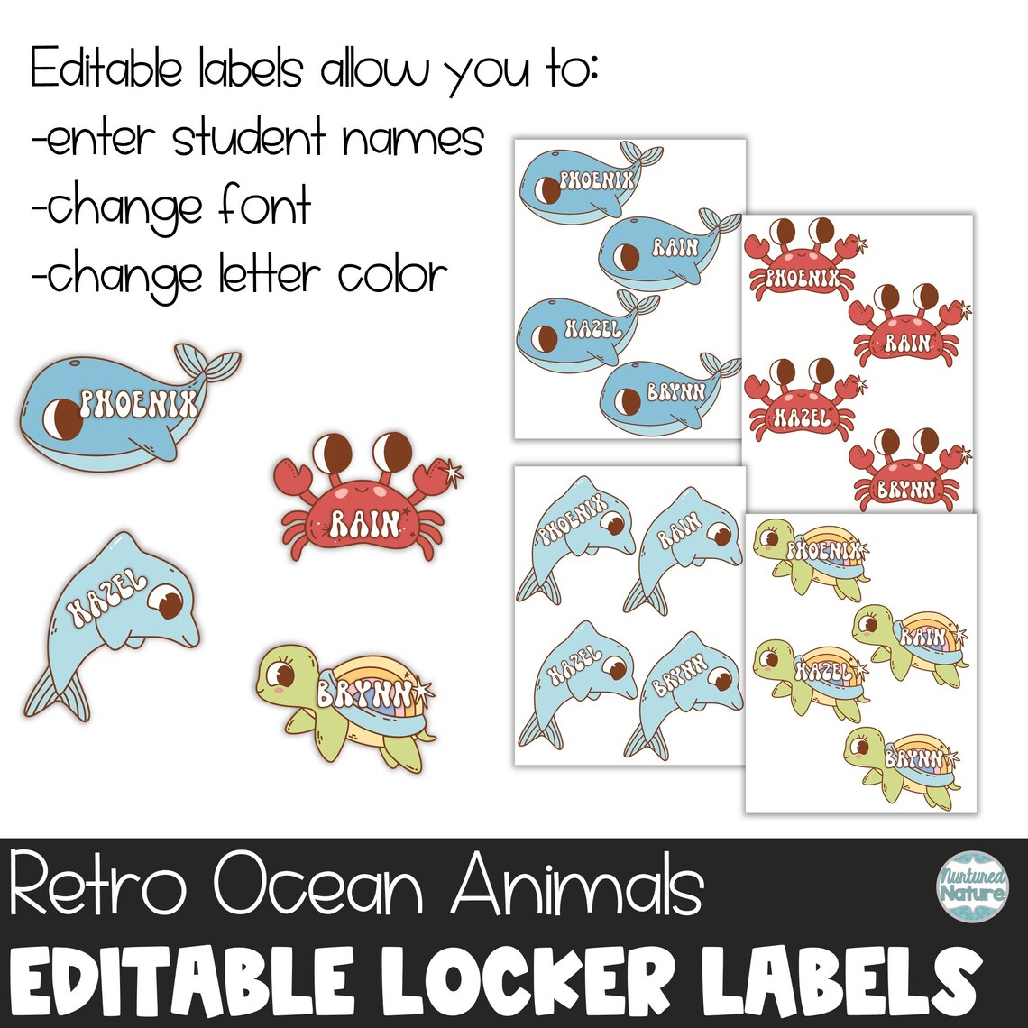 Retro Ocean Animal Name Tags for School Cubby Tags Editable - Etsy
