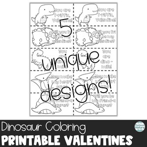 Dinosaur Coloring Valentines Cards Printable Cards for Kids, Dinosaur ...