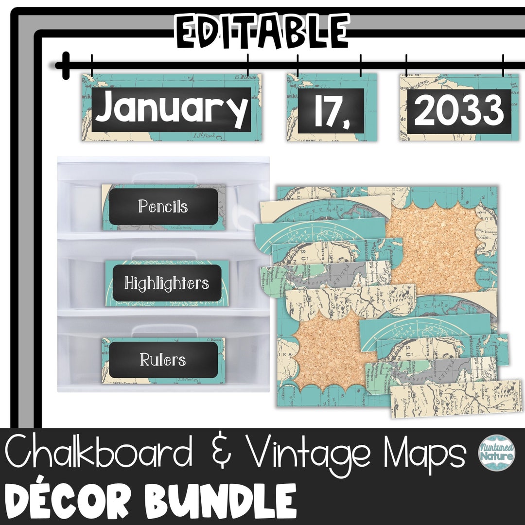 Vintage Map Classroom Decor Bundle, 2025 Flip Calendar, Printable ...