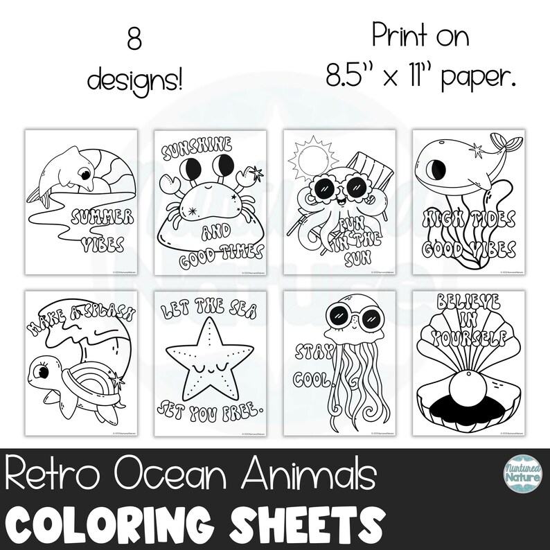 Ocean Animals Coloring Pages, Kids Printable Activities, Retro Summer ...