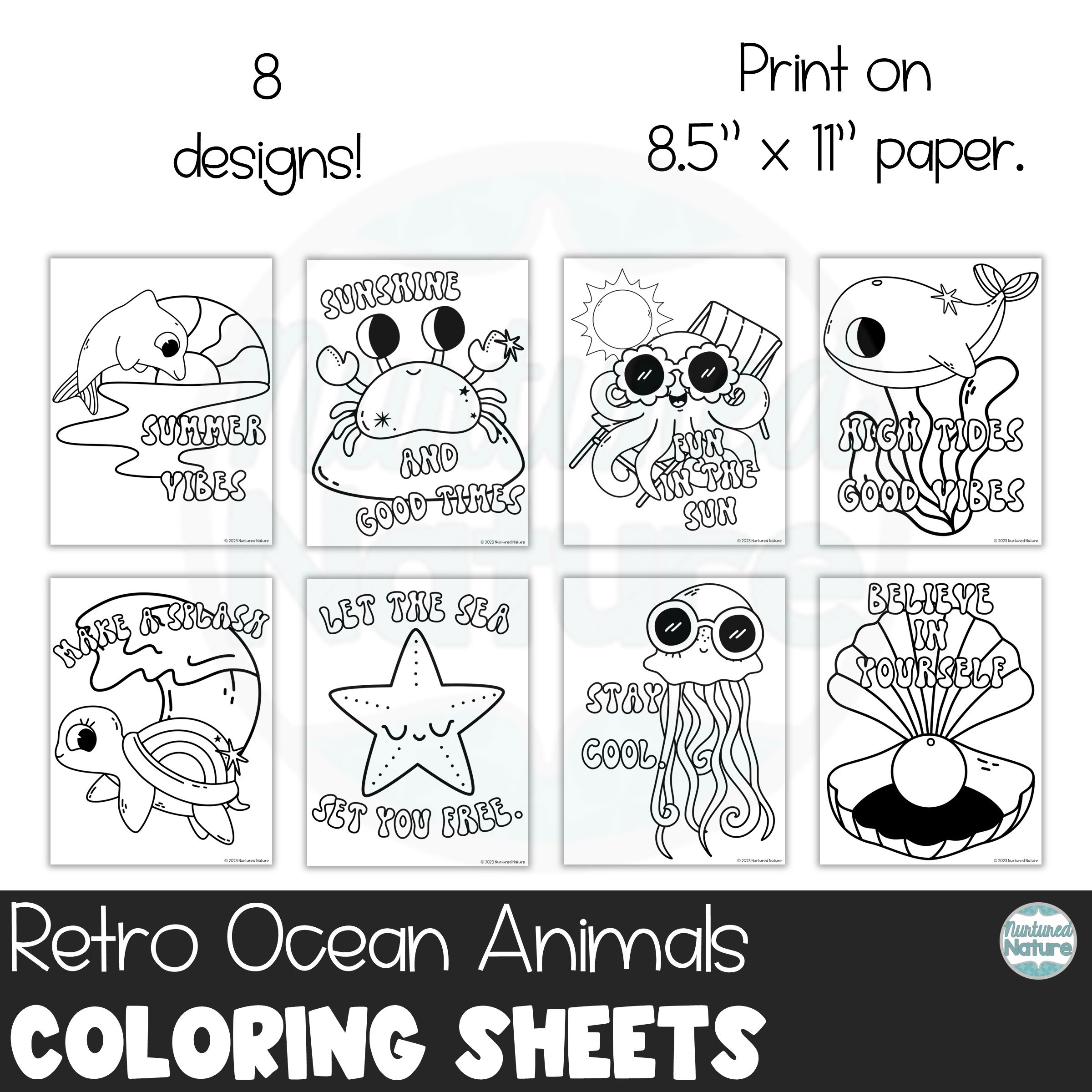 Ocean Animals Coloring Pages, Kids Printable Activities, Retro Summer ...