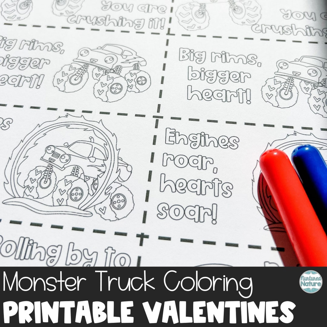 Monster Truck Coloring Page Valentine Cards for Kids Classroom ...