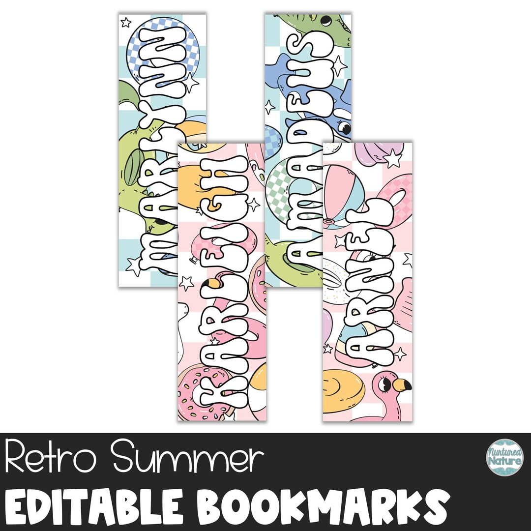 Editable Name Bookmarks, Summer Bookmark Printable for Kids, Retro Pool ...