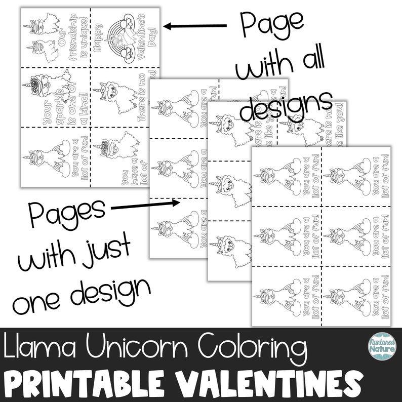Llama Coloring Page Valentine Cards for Kids Classroom, Unicorn ...