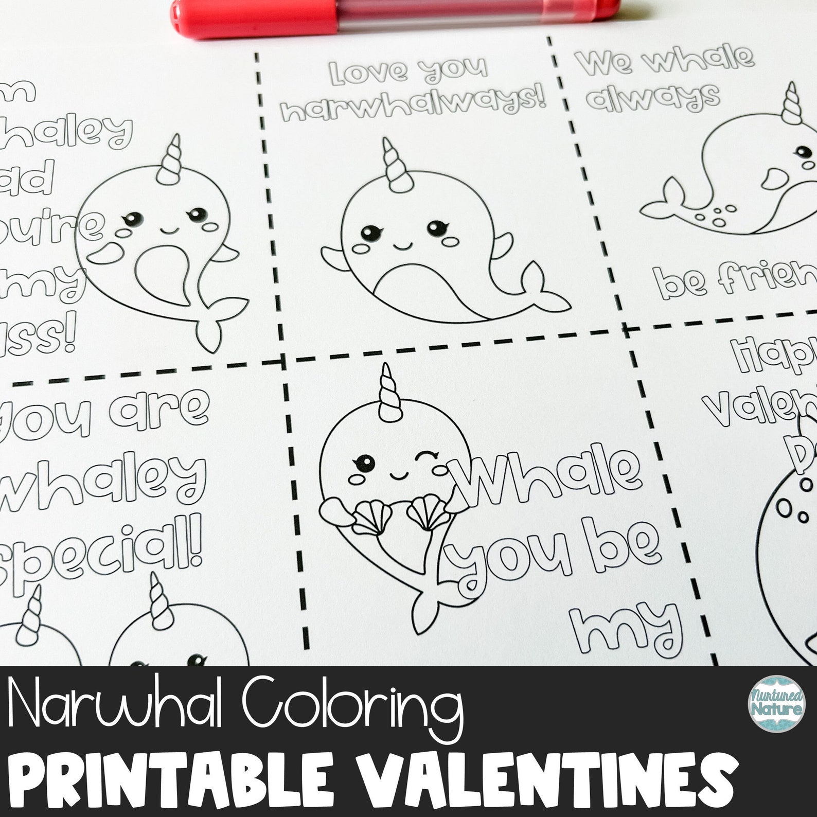 Narwhal Coloring Page Valentine Cards for Kids Classroom, Narwhal ...