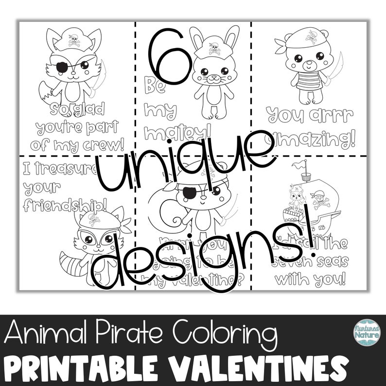 Pirate Coloring Page Valentine Cards for Kids Classroom, Animal ...