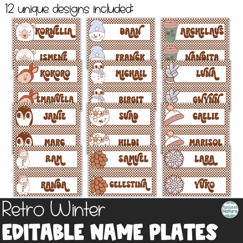 Classroom Name Tags, Winter Classroom Theme, Winter Decor, Retro Name ...