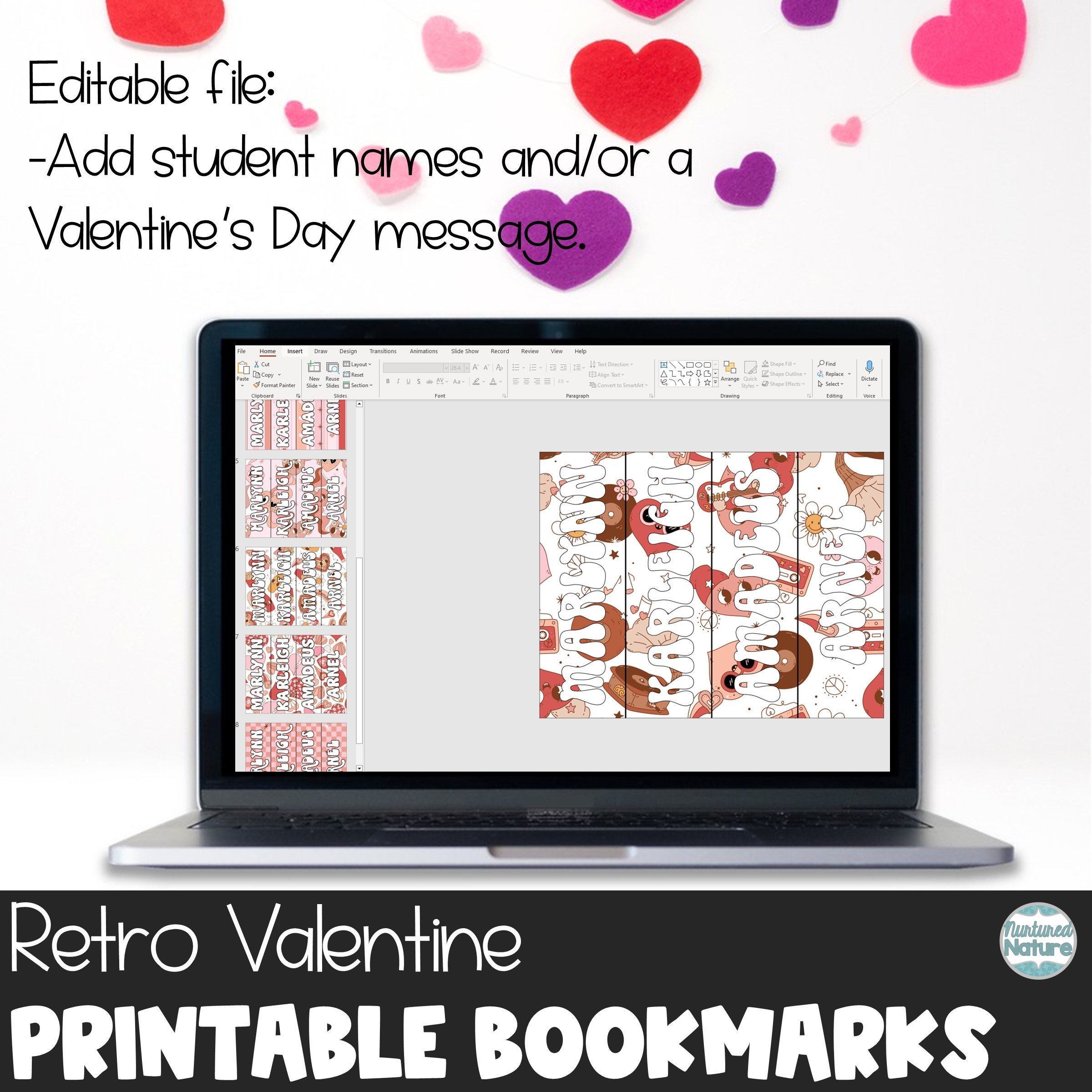 Editable Name Bookmarks, Retro Valentine Bookmarks for Kids Printable ...