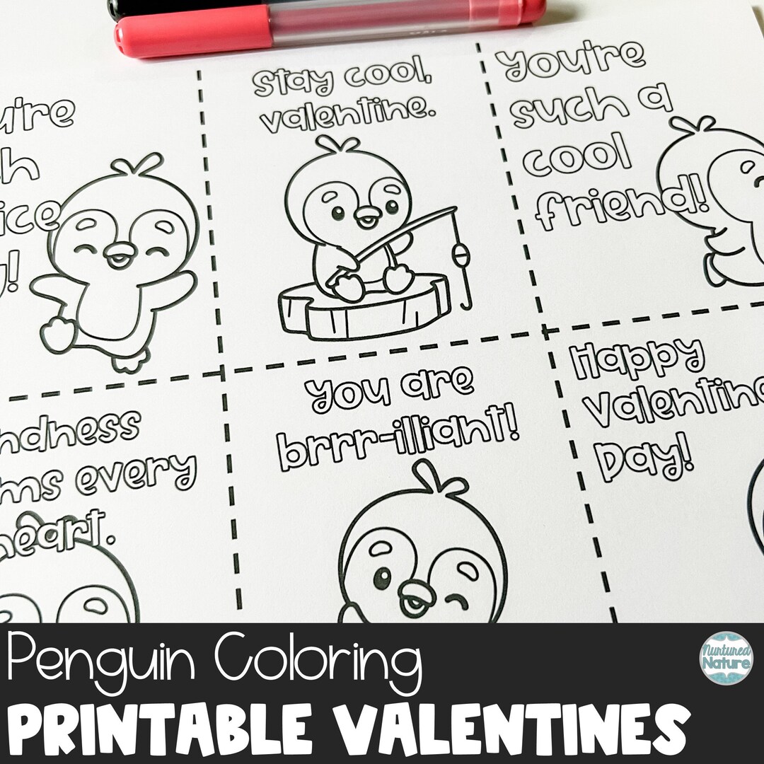 Penguin Coloring Page Valentine Cards for Kids Classroom, Penguin ...