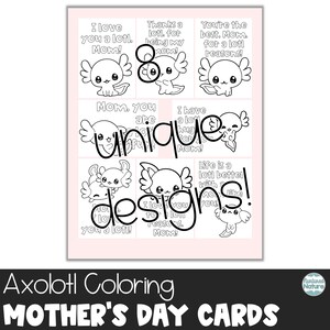 Axolotl Coloring Mothers Day Cards Printable Gift Tags for Moms - Etsy