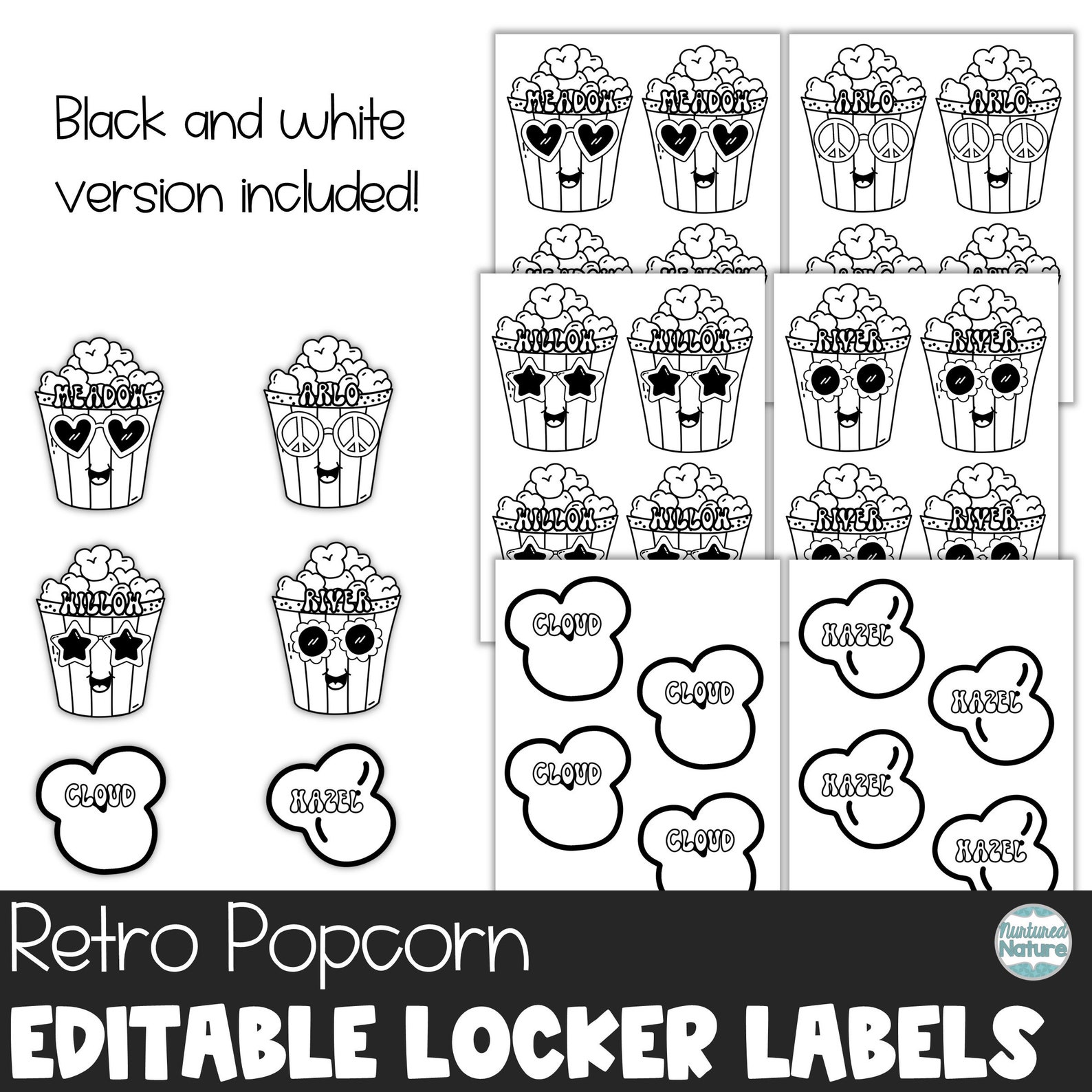 Editable Name Tags for School, Retro Popcorn, Cubby Tags, Editable ...