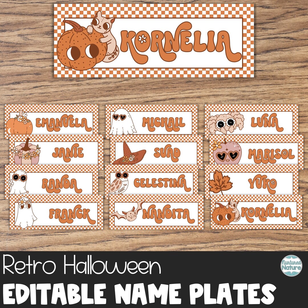 Classroom Name Tags, Fall Classroom Decor, Halloween Decorations, Retro ...