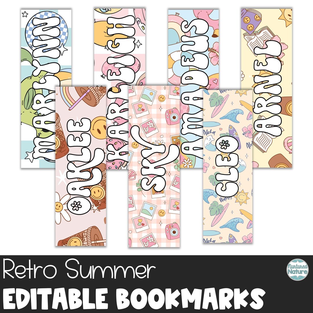 Editable Name Bookmarks, Summer Bookmark Printable for Kids, Retro Pool ...