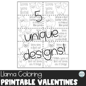 Llama Coloring Page Valentine Cards for Kids Classroom, Valentines Day ...