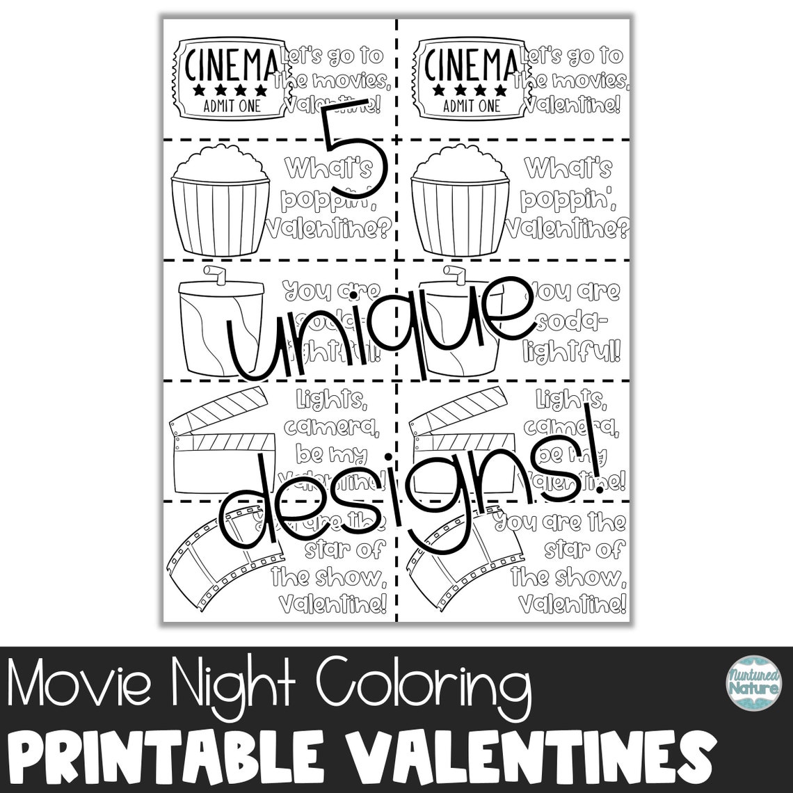 Movie Night Coloring Valentines Cards, Printable Coloring Sheets for ...