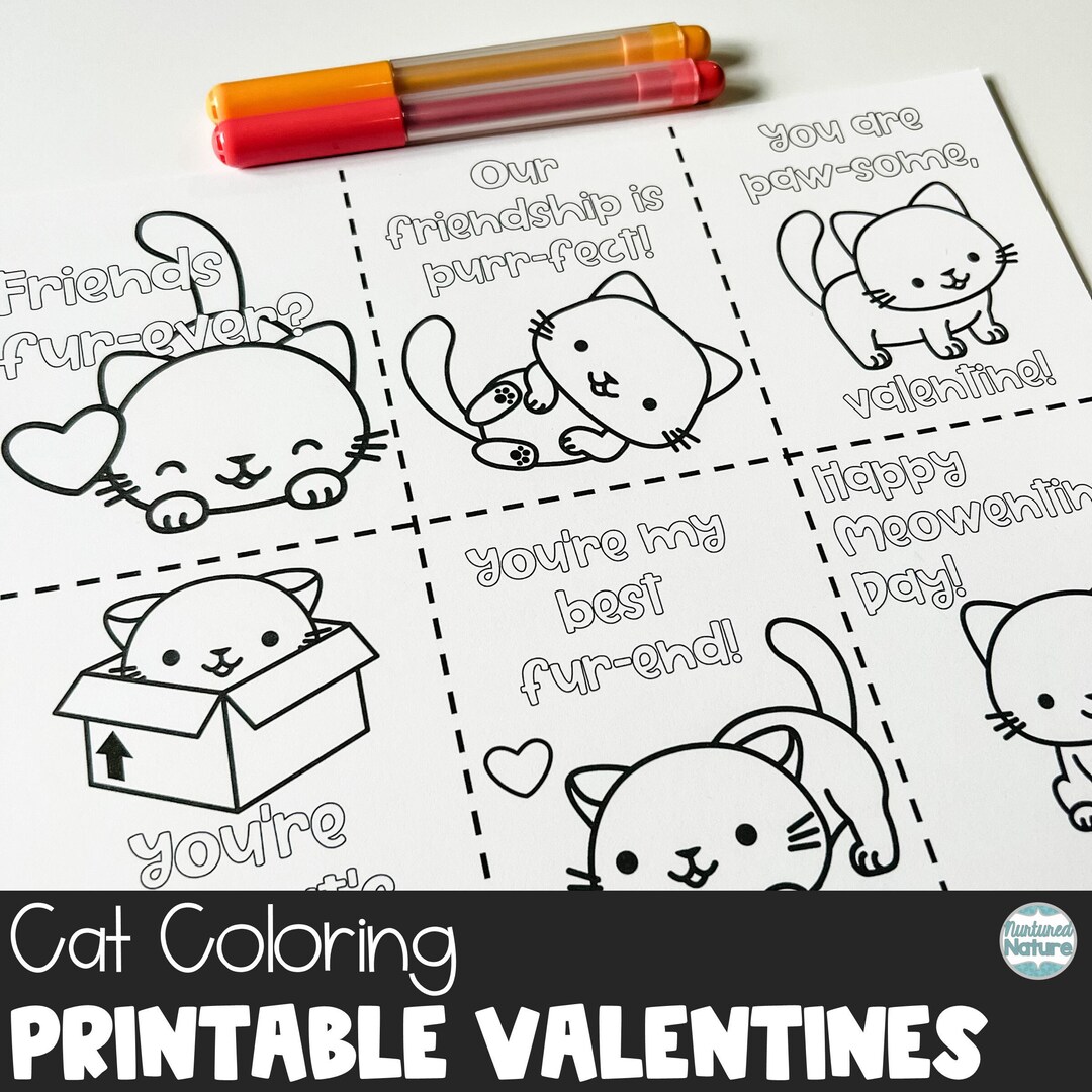 Cat Coloring Page Valentine Cards for Kids Classroom, Kitten Valentines ...