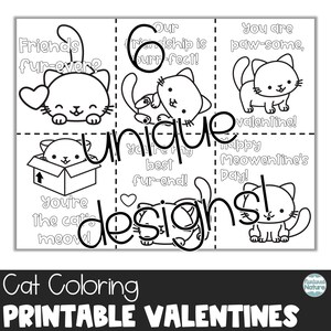 Cat Coloring Page Valentine Cards for Kids Classroom, Kitten Valentines ...
