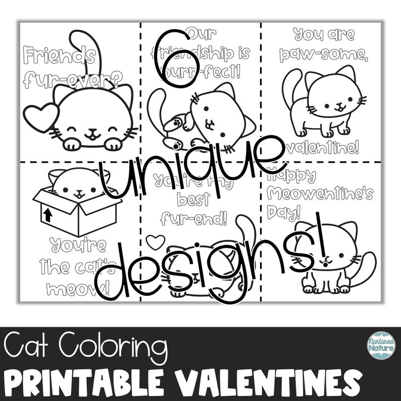 Cat Coloring Page Valentine Cards for Kids Classroom, Kitten Valentines ...