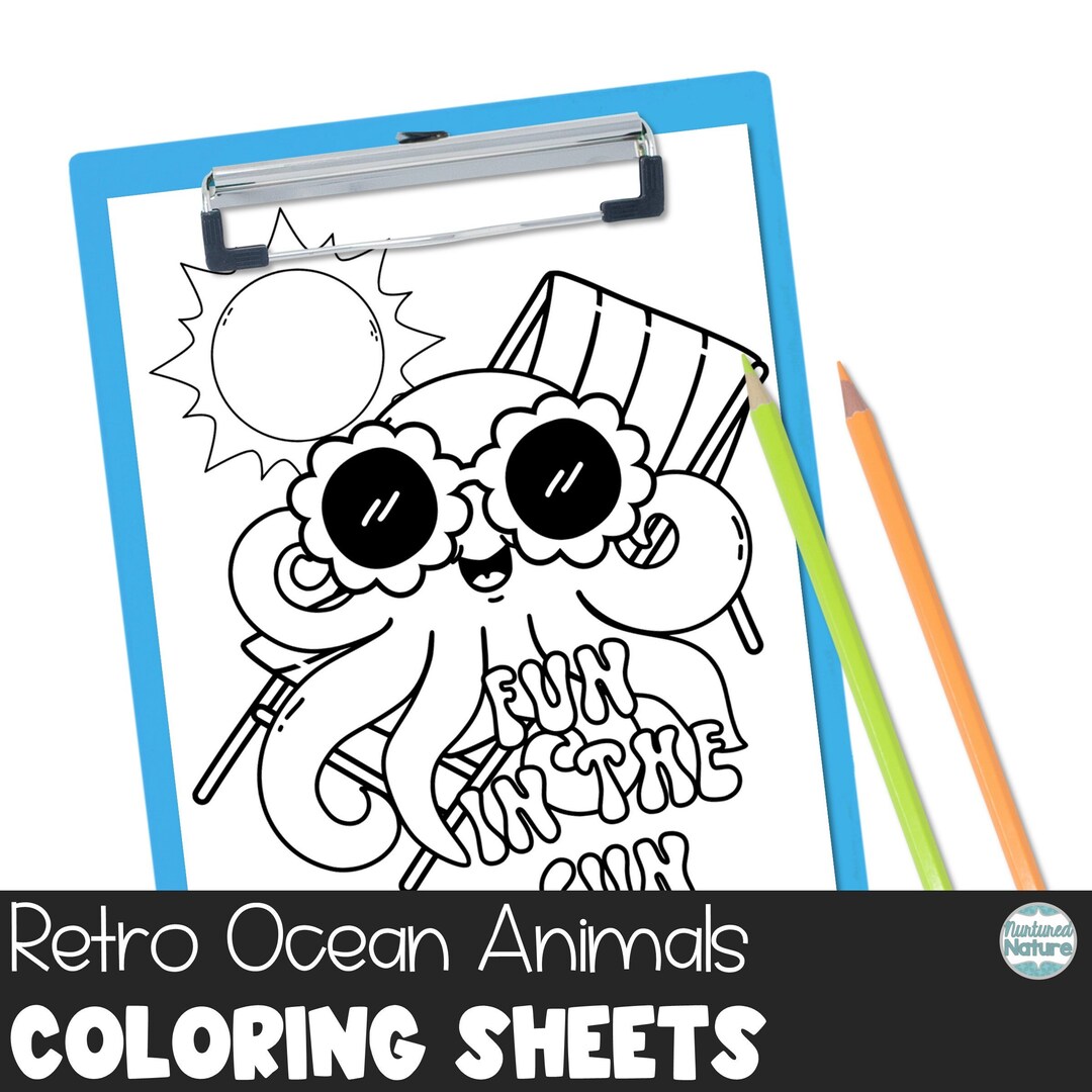 Ocean Animals Coloring Pages, Kids Printable Activities, Retro Summer ...