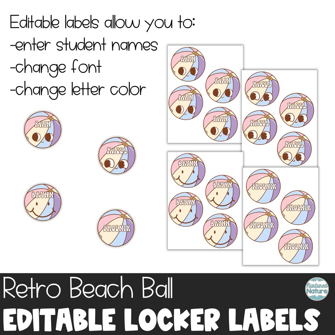 Editable Name Tags for School, Retro Beach Ball, Cubby Tags, Editable ...