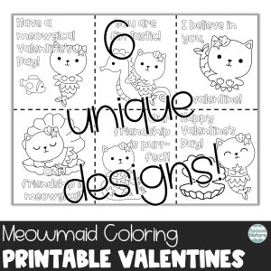 Mermaid Coloring Page Valentine Cards for Kids Classroom, Cat ...