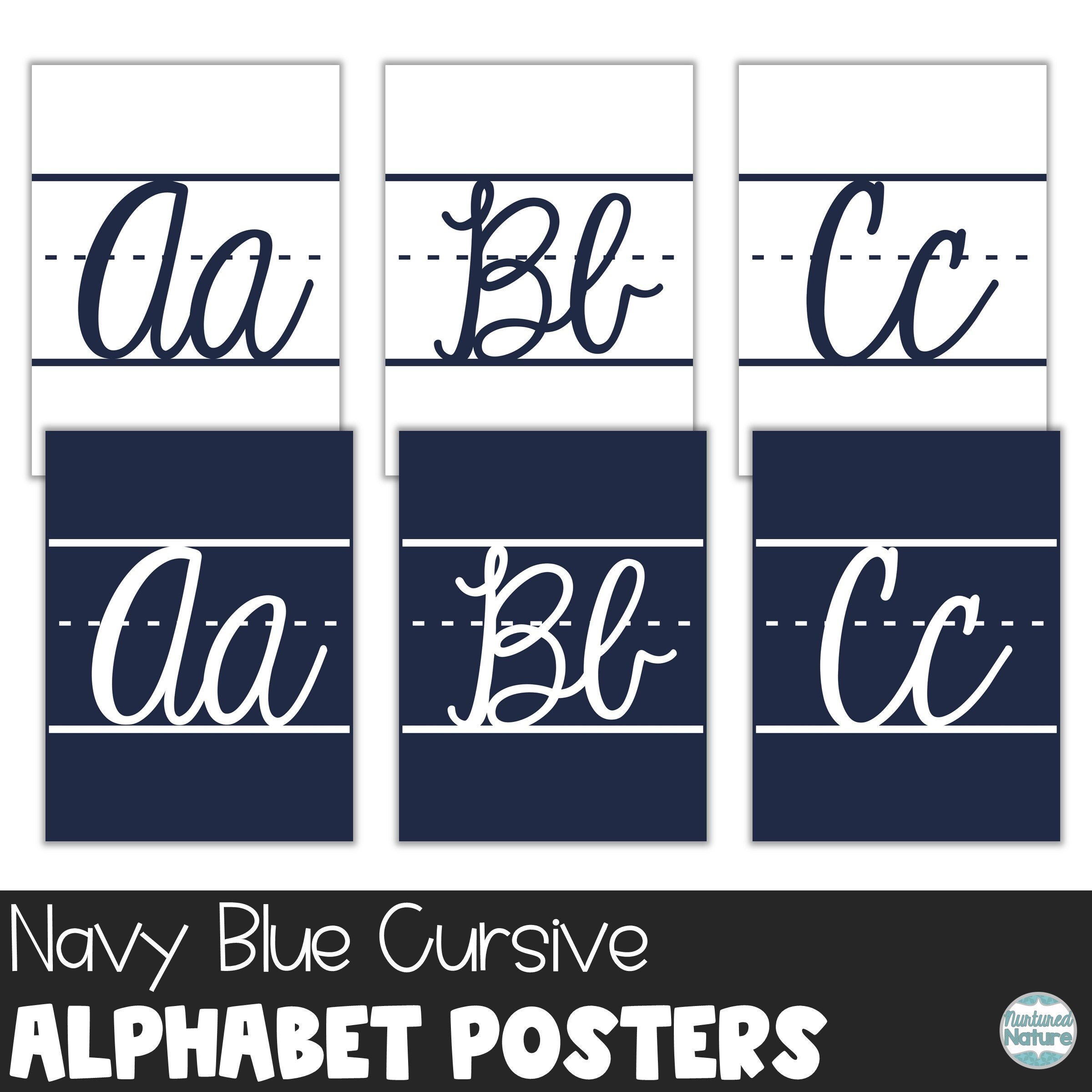 Cursive Alphabet Posters for Classroom, Navy Blue Decorations ...