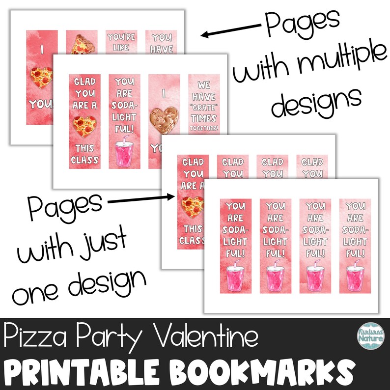 Valentine’s Day Printable Bookmarks Cards, Pizza Party Favors ...