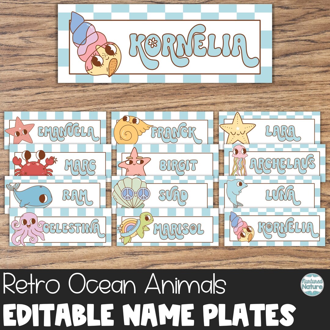 Retro Ocean Animal Name Tags for School, Name Plate for Desk, Editable ...