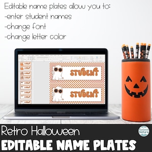 Classroom Name Tags, Fall Classroom Decor, Halloween Decorations, Retro ...