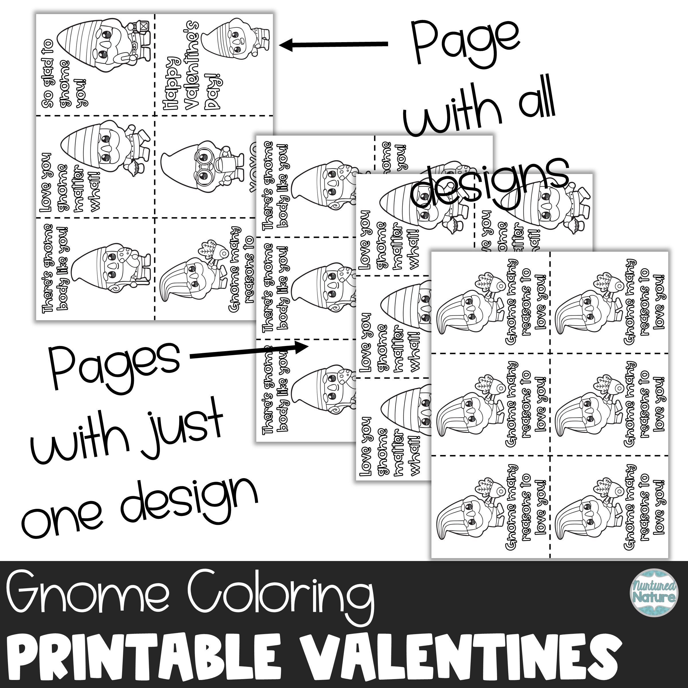 Gnome Coloring Page Valentine Cards for Kids Classroom, Mushroom ...