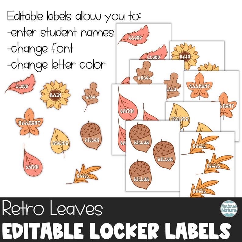 Editable Name Tags for School, Retro Fall Vibes, Autumn Leaves, Cubby ...