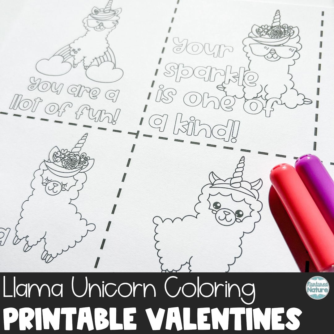 Llama Coloring Page Valentine Cards for Kids Classroom, Unicorn ...