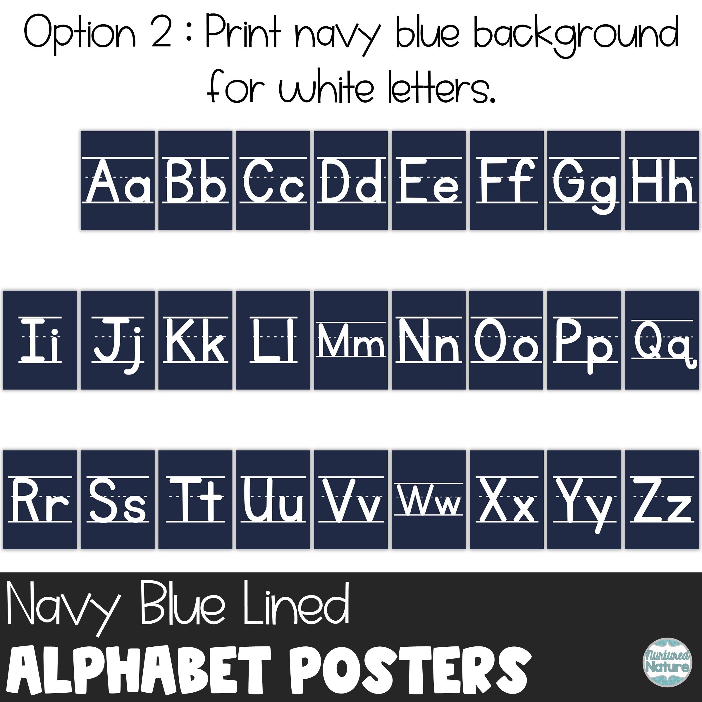 Alphabet Posters for Classroom, Navy Blue Decorations, Printable ...