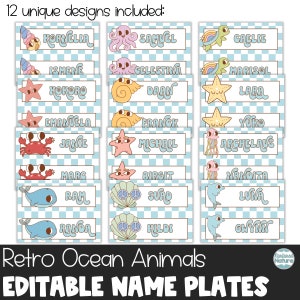 Retro Ocean Animal Name Tags for School, Name Plate for Desk, Editable ...