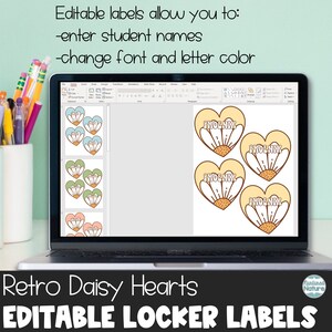 Editable Name Tags for School, Retro Flower Heart, Cubby Tags, Editable ...