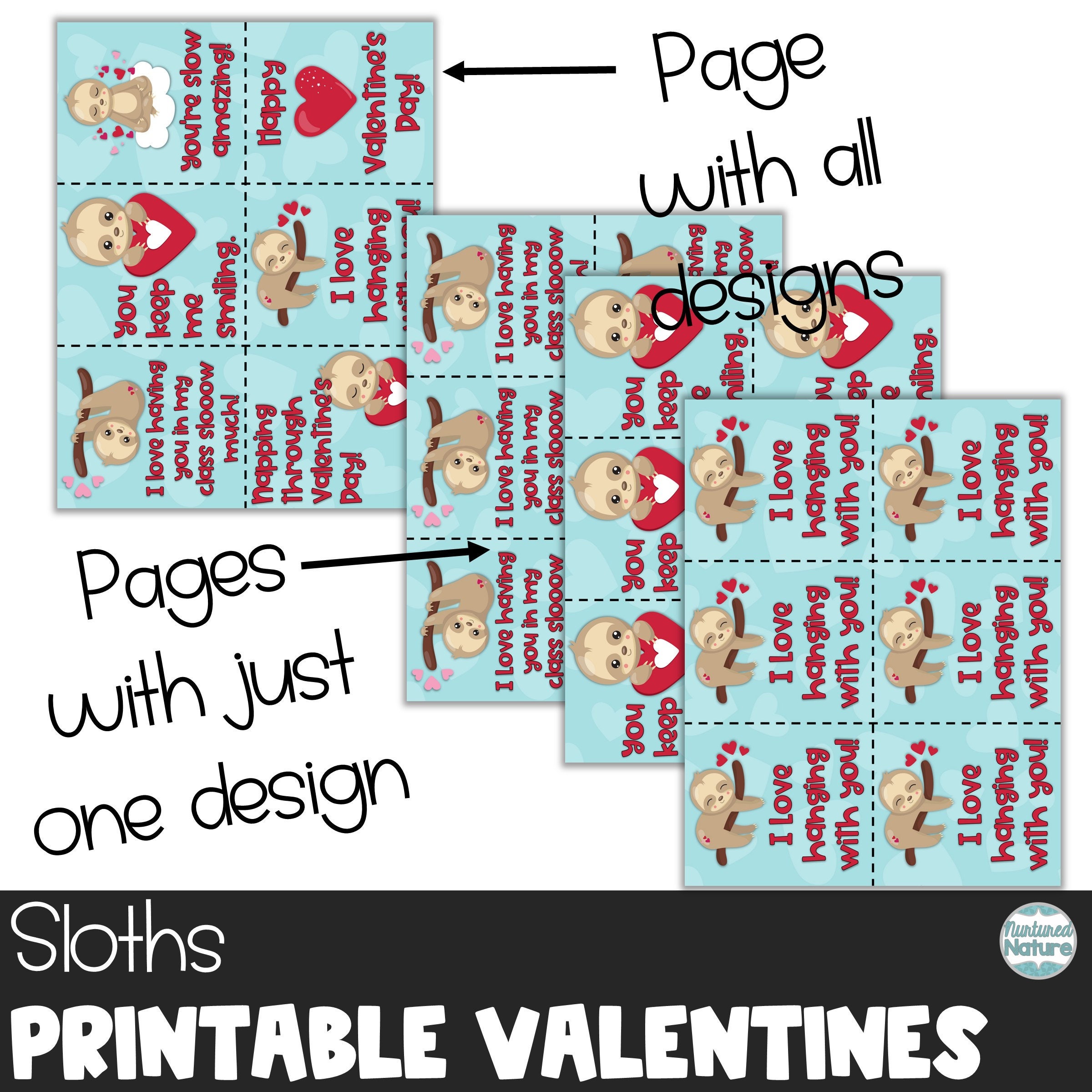 Sloth Valentine Cards for Kids, Printable Valentines Day Card for ...
