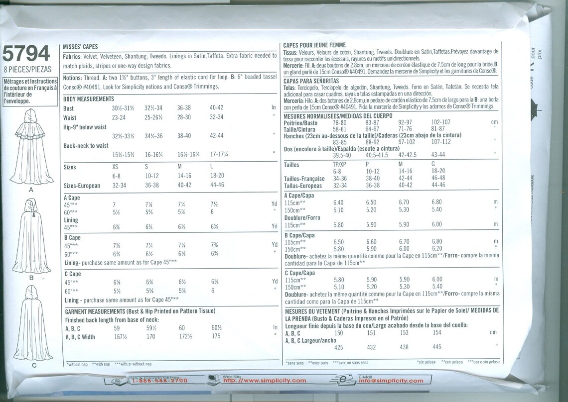 Simplicity 5794 Cosplay Capes Costume Adult Size XS 6-8 S | Etsy