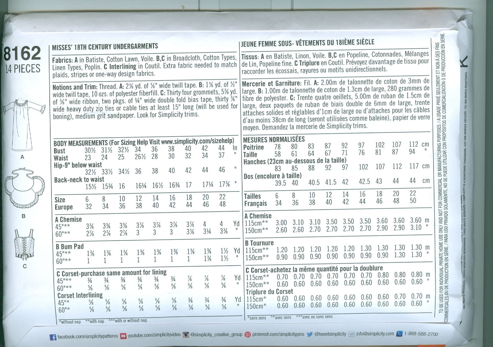 Simplicity 8162 18th Century Stays Corset Shift Costume Adult | Etsy