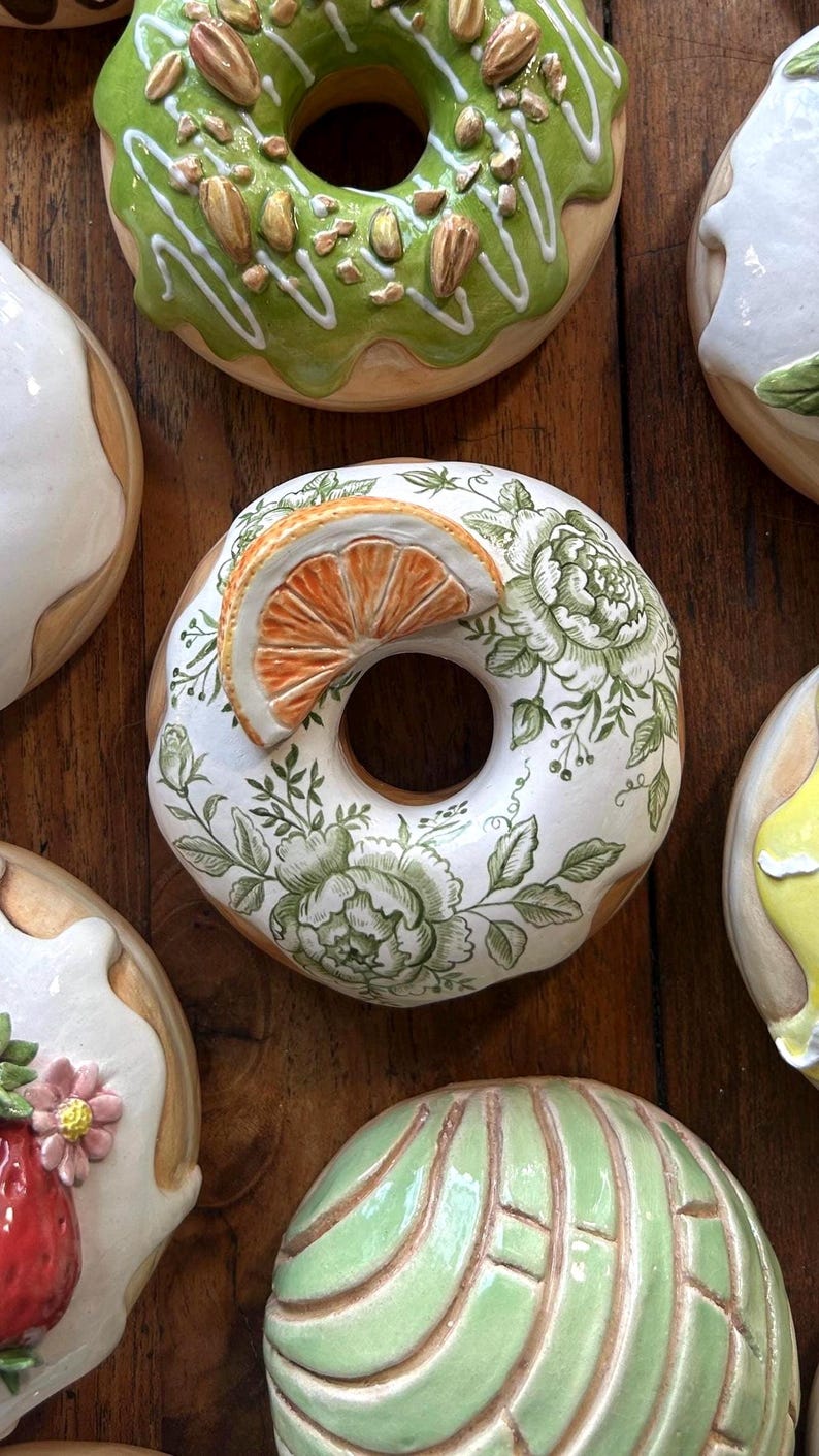 Green and White Floral Donut With Orange Slice Ceramic Figurine, Hand ...
