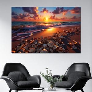 Sunset at the Seashell Shore Coastal Scene Beach Wall Art Ocean Sunset ...
