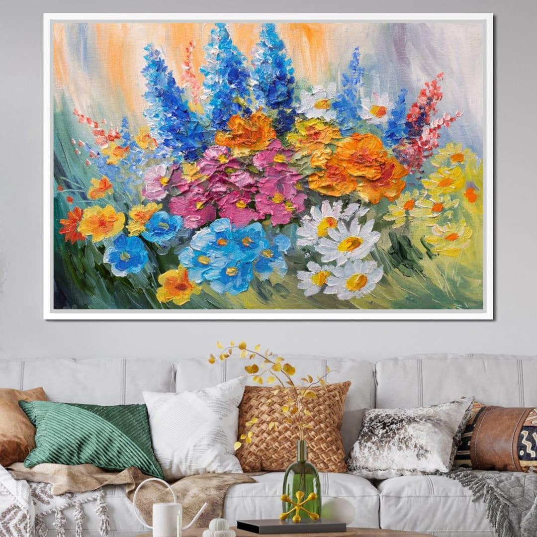 Abstract Bouquet of Spring Flowers, Vibrant Floral Wall Art, Colorful ...