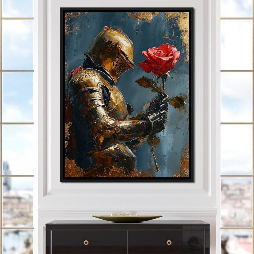 Knight's Tender Blossom Embrace: Romantic Knight Art Medieval Decor Oil ...