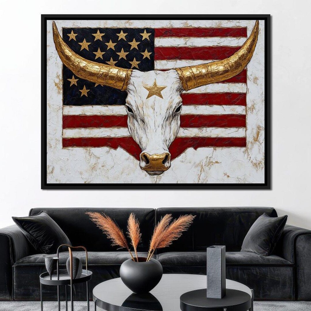 Golden Longhorn Patriotic Pride: Texas Longhorn Wall Art, American Flag ...
