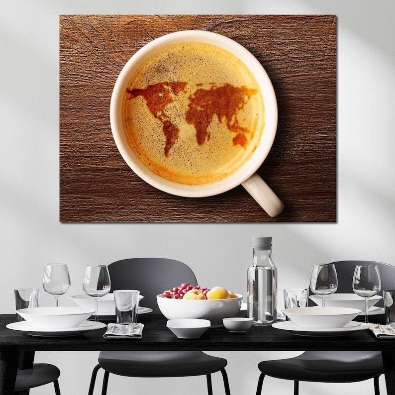 World Map Coffee Cup: Coffee Themed Wall Art World Map Decor Travel ...