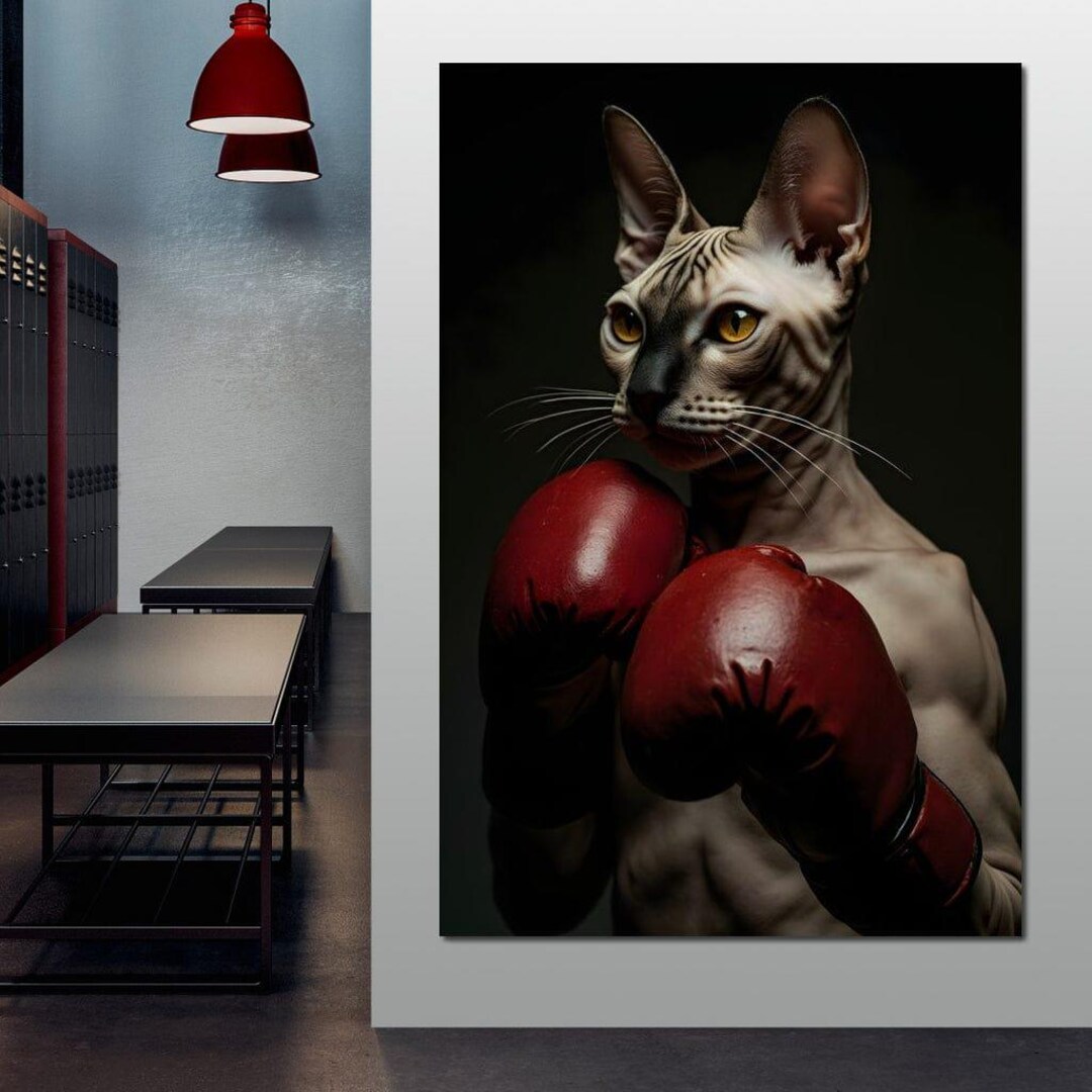 Pugilist Feline Champion: Boxing Cat Art | Whimsical Home Decor ...