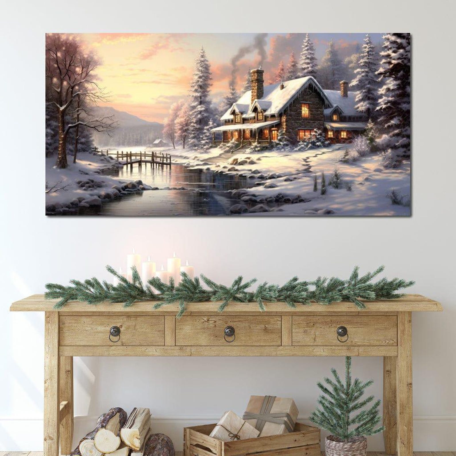 Christmas Cottage Home: Cozy Winter Scene | Rustic Wall Art | Holiday ...