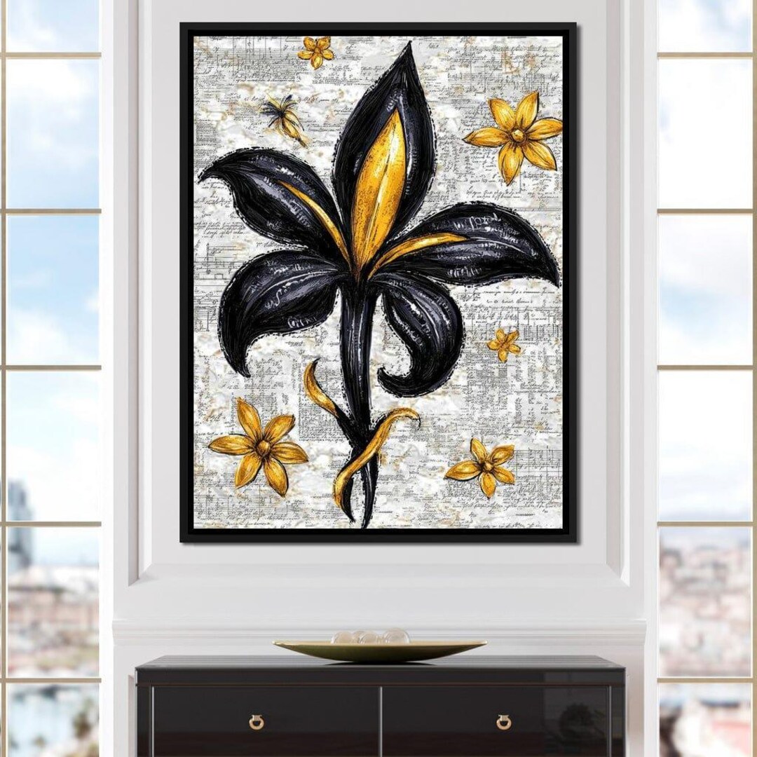 Black Petals on Scripted Dreams 02 | Chic Floral Home Decor | Modern Abstract Wall Art | Elegant ...